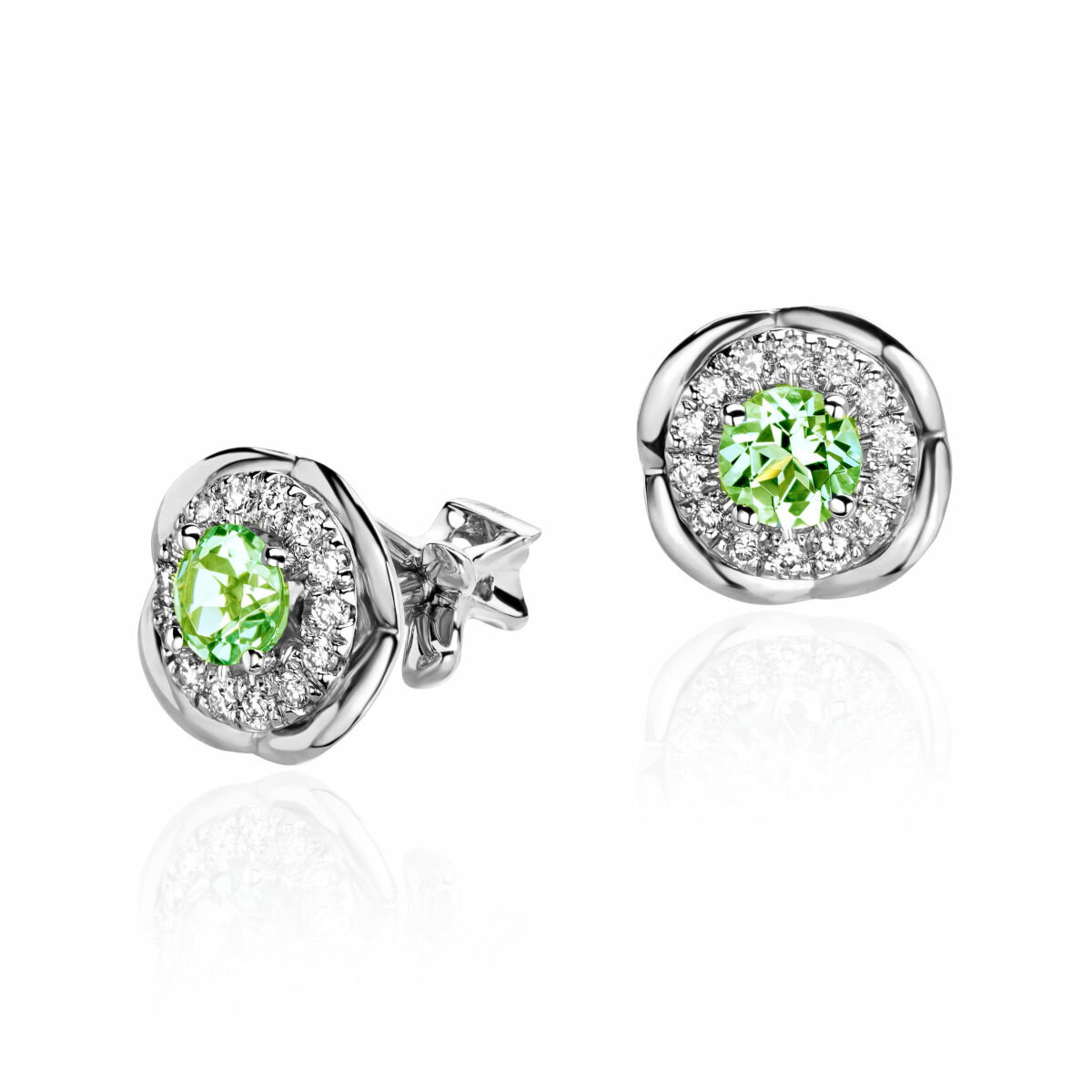 Серьги, белое золото, 585 проба, хризолит, бриллиант