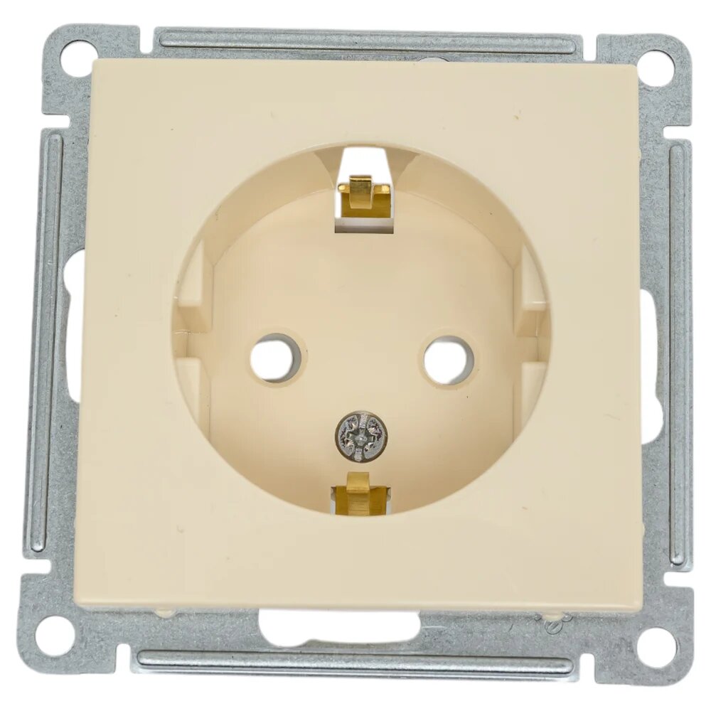 Бежевая встраиваемая квадратная силовая розетка с заземлением, защитными шторками и механизмом накладки из оцинкованной