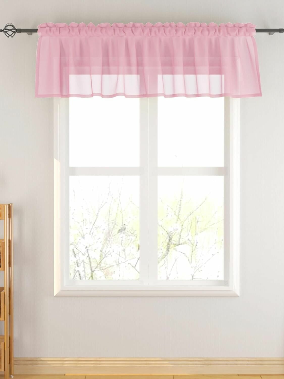 Штора ламбрекен для кухни из однотонного тюля вуаль на ленте под крючки арт. ТУ-ЛАМБР-770 цвет розовый