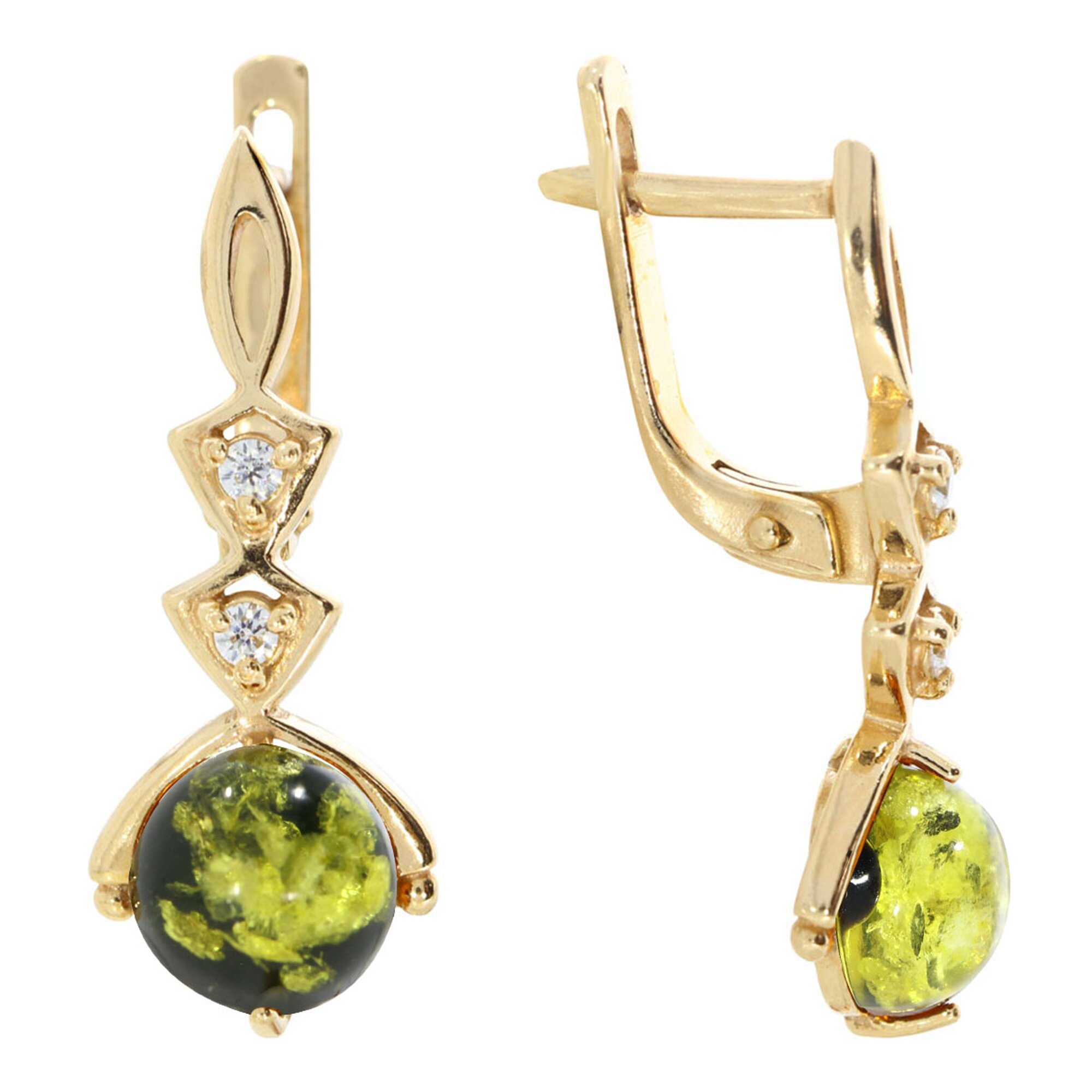 Серьги, серебро, 925 проба, золочение, янтарь, фианит