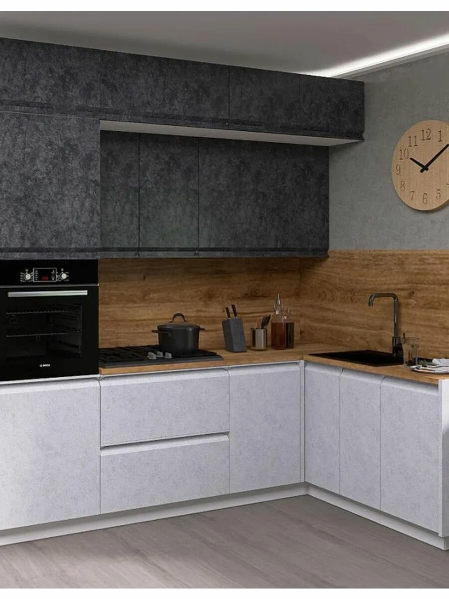 Кухонный гарнитур угловой Велюр 2.4х1.6 м, мебель для дома и кухни, Белый / Бетон графит / Бетон снежный