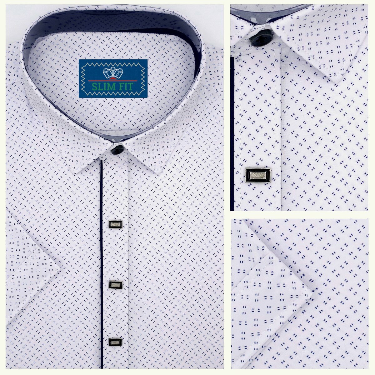 Рубашка Рубашка мужская с коротким рукавом, приталенная, светлая сорочка, на кнопках и пуговицах, рубаха на любой сезон, стильный фасон одежды, белая, в мелкий рисунок, без карманов, с отделкой