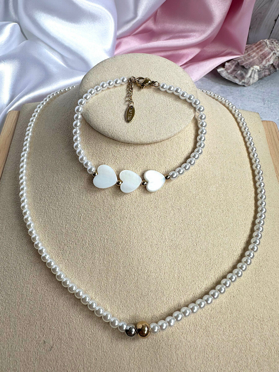 Комплект бижутерии: браслет, колье, перламутр, жемчуг имитация