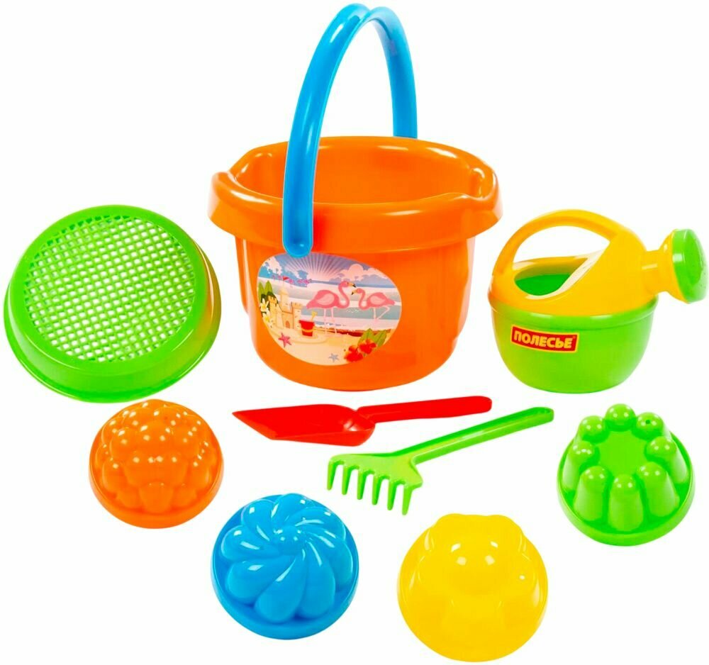 Песочный набор №206, в комплекте ведро, совок, грабли, 4 формочки, ситечко и лейка, детские пластиковые игрушки для песочницы