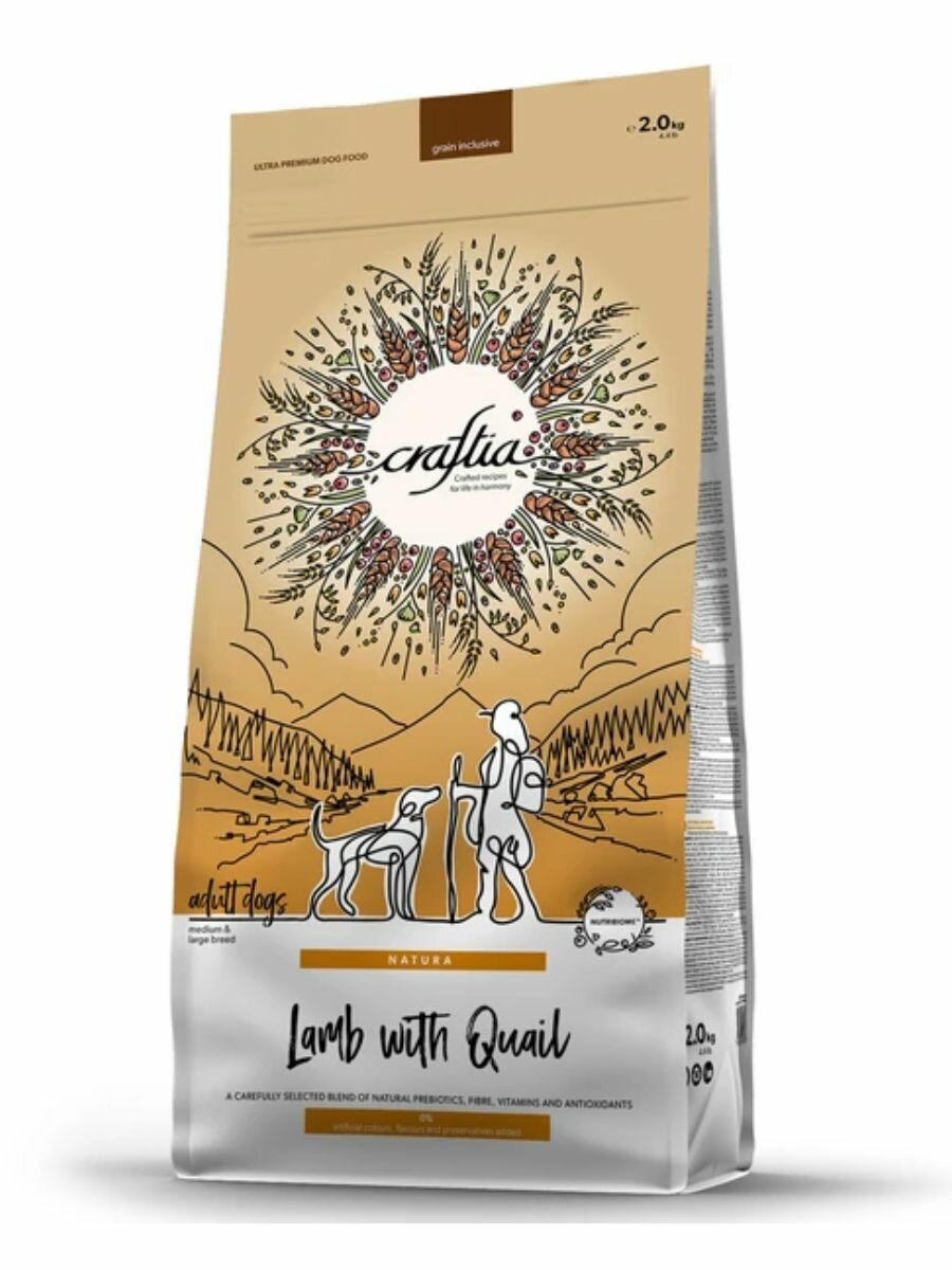 Craftia Natura Сухой корм для взрослых собак средних и крупных пород, ягненок с перепелкой - 2 кг