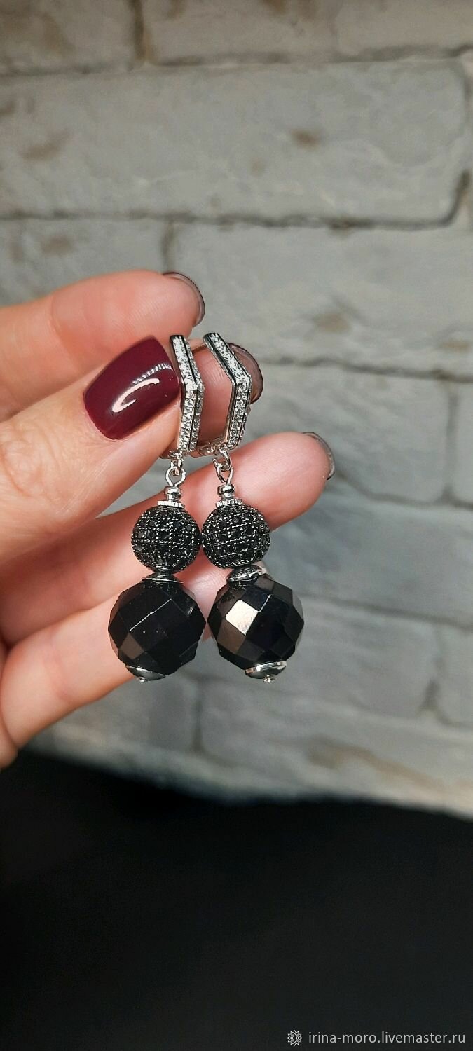 Серьги с подвесками, оникс, фианит