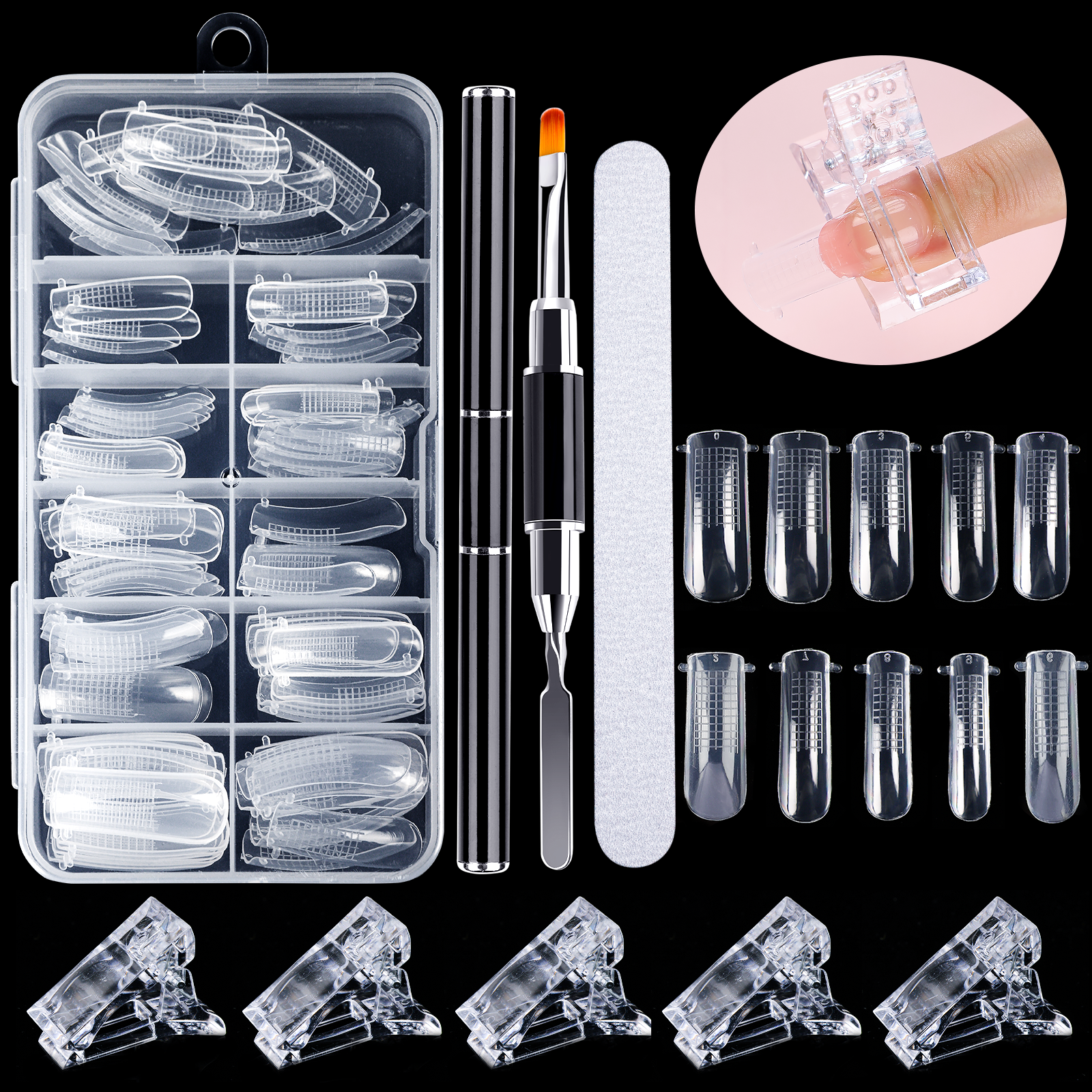 Набор Для Наращивания Ногтей: 100 Прозрачных Форм 10 Размеров И 5 Зажимов - Двусторонняя Кисть Для Точного Нанесения И Пилочка Для Обработки Ногтей Для Создания Идеальных Ногтей С Гель-Лаком