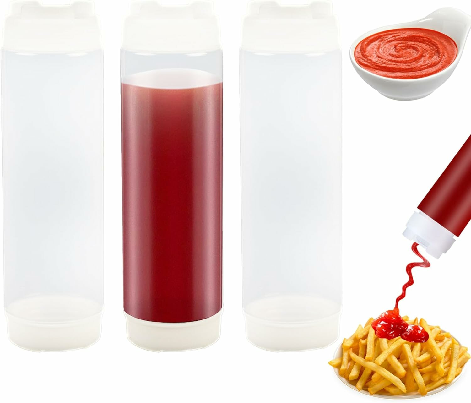 Набор инвертированных дозаторов для соусов - 3 пластиковых бутылок для соусов и заправок, 16 унций, белый цвет, размер около 22 x 5,5 см, для кухонь и ресторанов