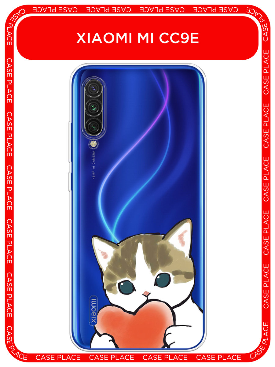 Чехол на Xiaomi Mi CC9E/Mi A3 / Сяоми Mi CC9E/Mi A3 с принтом Котик с сердечком, прозрачный