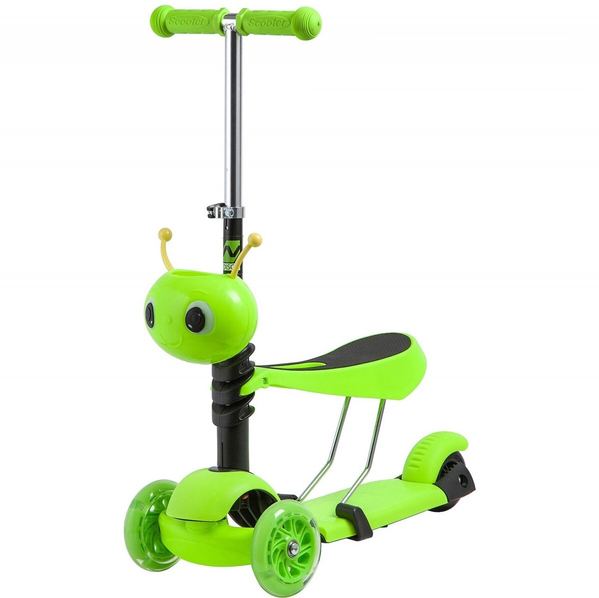 Самокат Novatrack Disco-kids Saddle для детей, трансформер, свет. колеса PU 120*90мм, зеленый