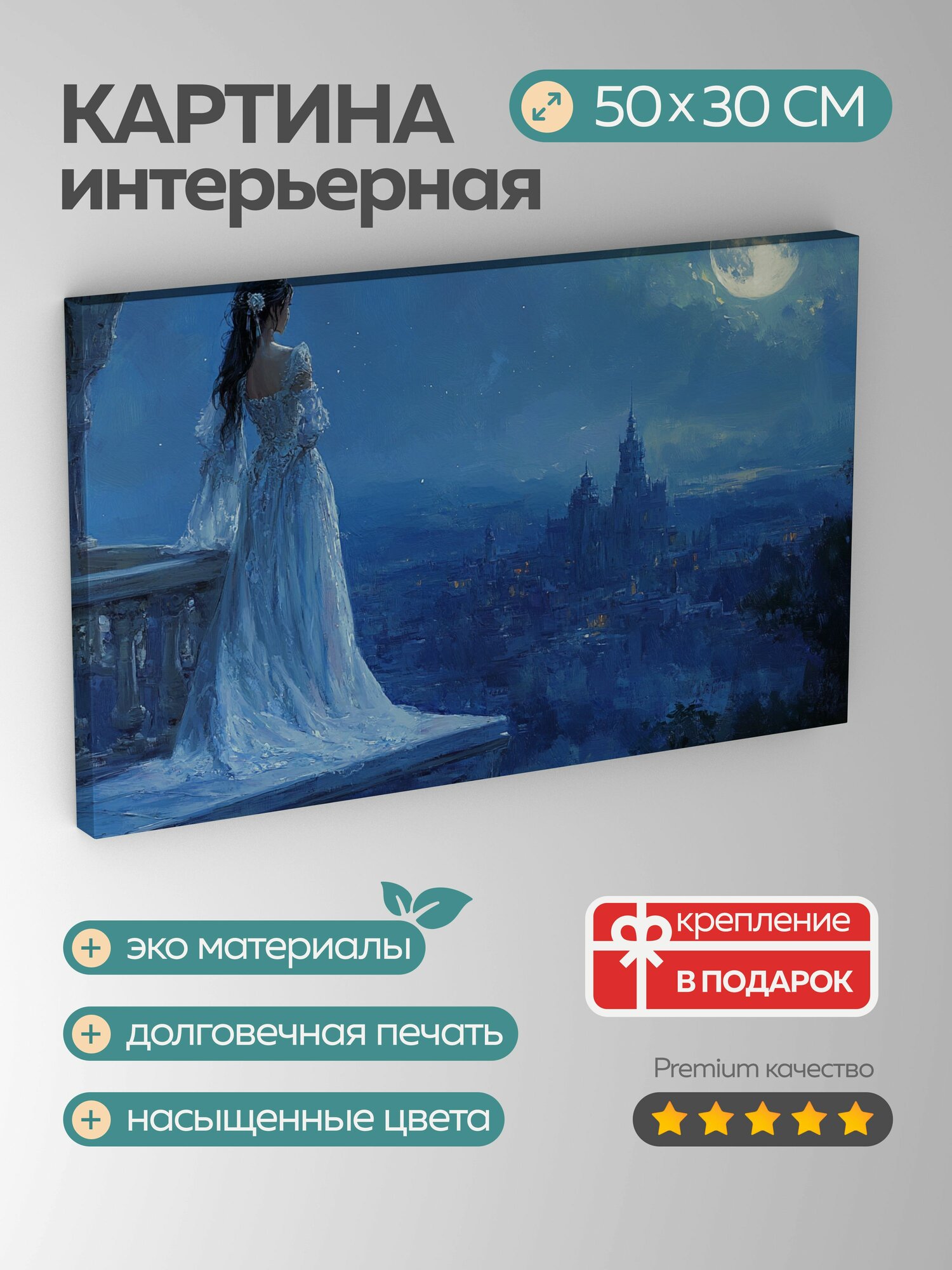 Картина на холсте интерьерная 50х30 см, Принцесса, локоны, королевское платье, балкон, луна, королевство, красота