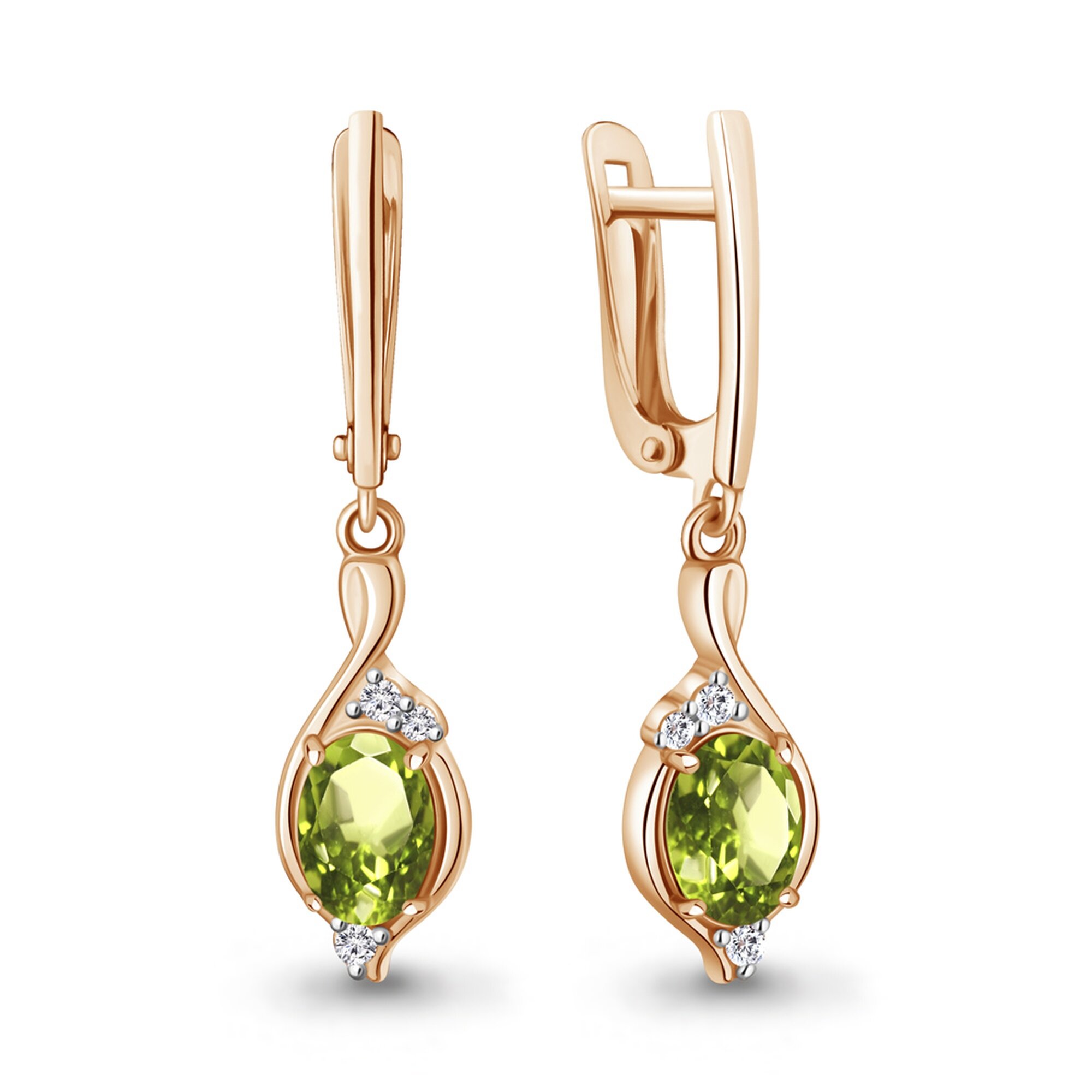 Серьги, серебро, 925 проба, золочение, фианит, хризолит