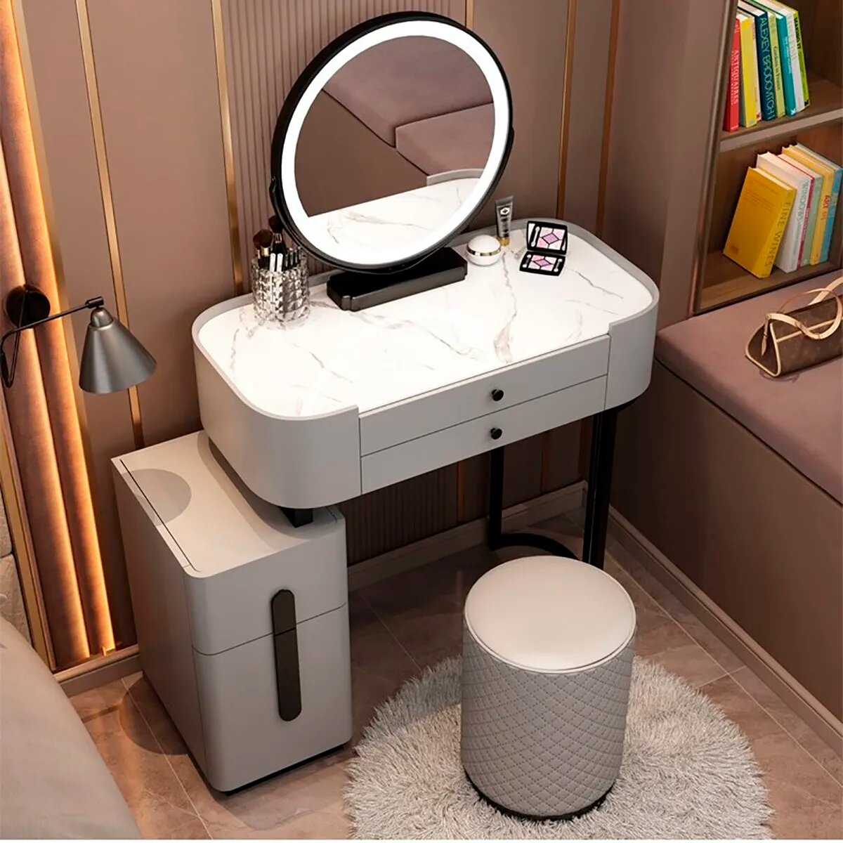 Компактный туалетный столик Scally с тумбой и керамической столешницей (60 см серый столик + тумба + умное зеркало + пуф)