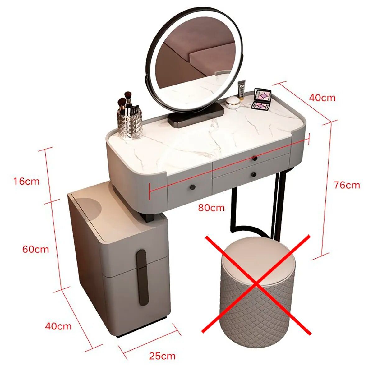 Компактный туалетный столик Scally с тумбой и керамической столешницей (80 см серый столик + тумба + умное зеркало без стула)