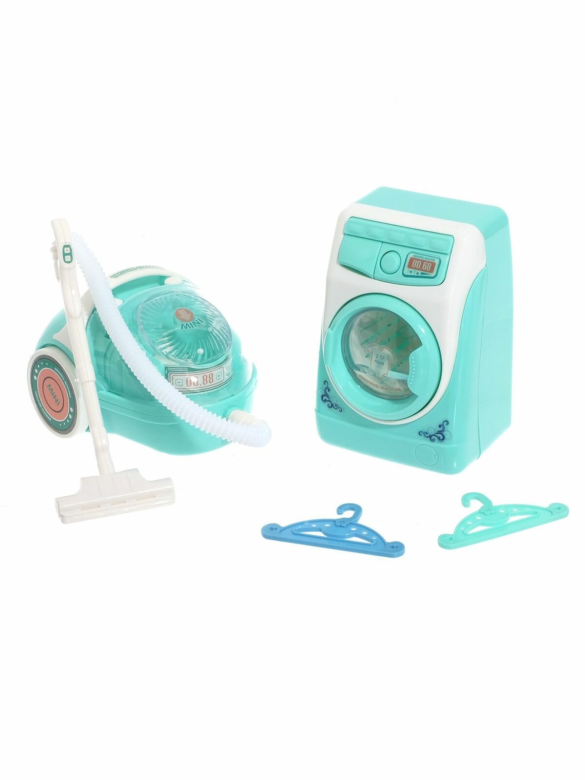Набор детской бытовой техники "Весёлая уборка" со световыми и звуковыми эффектами, развивающие интерактивные игрушки для сюжетно-ролевых игр, в комплекте: пылесос, стиральная машина с аксессуарами