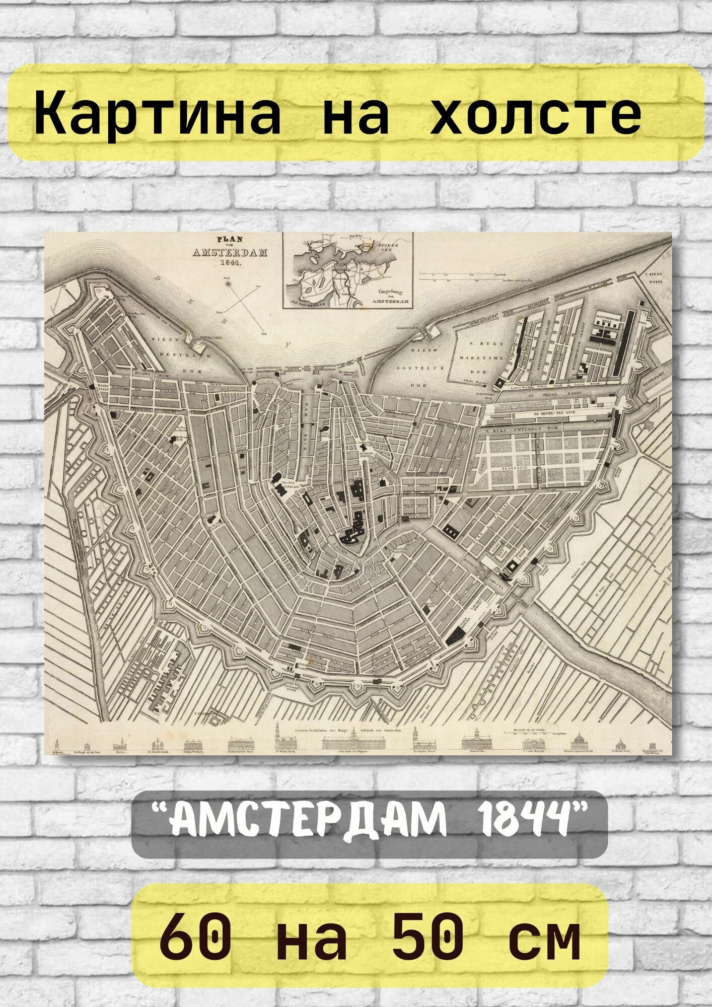 Картина с планом Европейского города "Атлас Мейерса План Амстердама 1860 года" 60х50 см