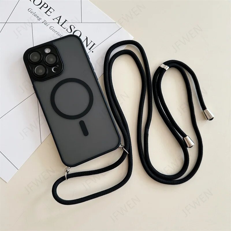 Магнитный чехол с ремешком через плечо для iPhone 17, Air 16, 16E, 15, 14 Plus, 13 Айфон 16, Black