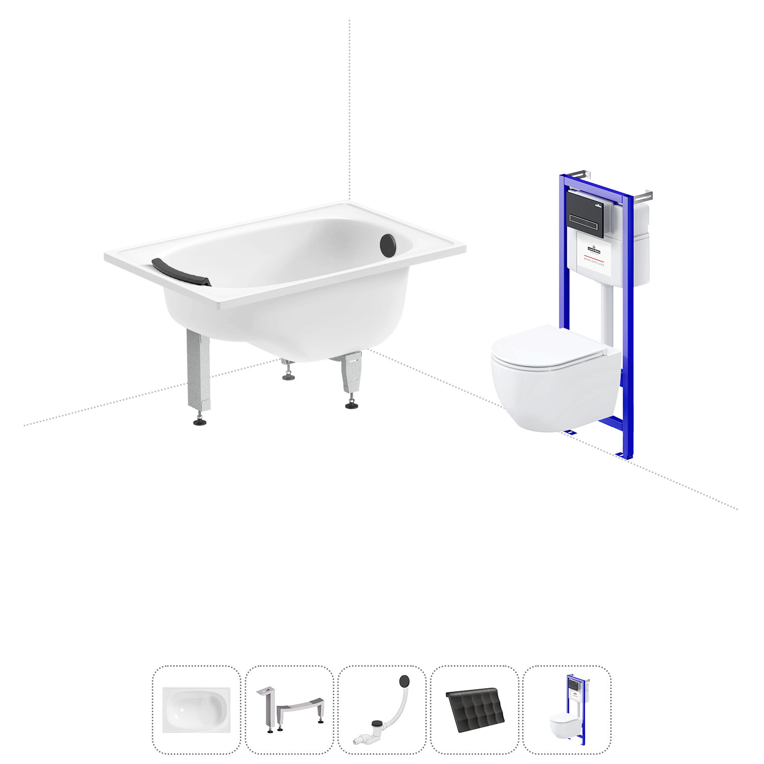 Стальная ванна 105х70 Sanitana BLB Europa Mini 20220751R в наборе 5 в 1: металлическая ванна 105 х 70 см с сиденьем, ножки, слив-перелив, подголовник, инсталляция с унитазом