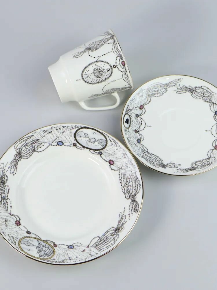 Кофейный набор 165 мл. Форма "Майская", рисунок "Балет. Лебединое озеро". Костяной фарфор. 3 предмета. Кофейная пара с десертной тарелкой. Императорский фарфоровый завод ИФЗ ЛФЗ