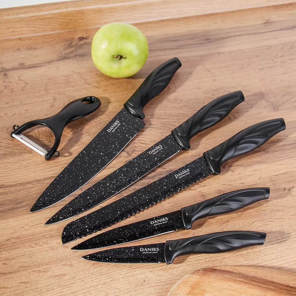 Набор ножей 6 предметов, подарочная упаковка, черный, нержавеющая сталь, рукоятка пластик, Daniks, YW-A349-PB