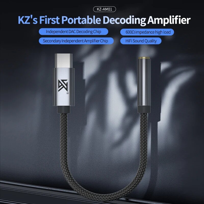Аудиоадаптер KZ AM01 Type-C для 3,5 мм, 32-бит/384 кГц Hi-Fi ЦАП + усилитель IC, двухчиповый аудиокабель для наушников — фото 1