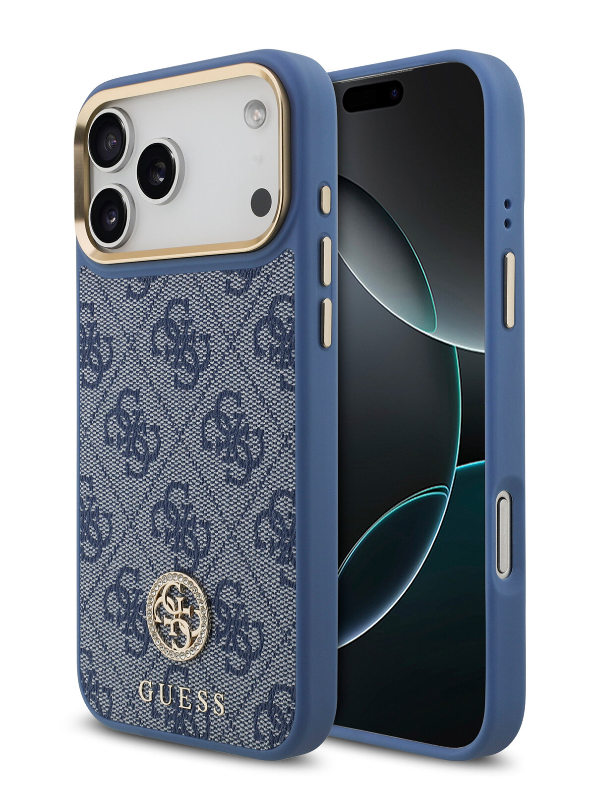 Чехол Guess на iPhone 17 Pro Max, с магнитами MagSafe, из экокожи 4G, с металлической фурнитурой, синий