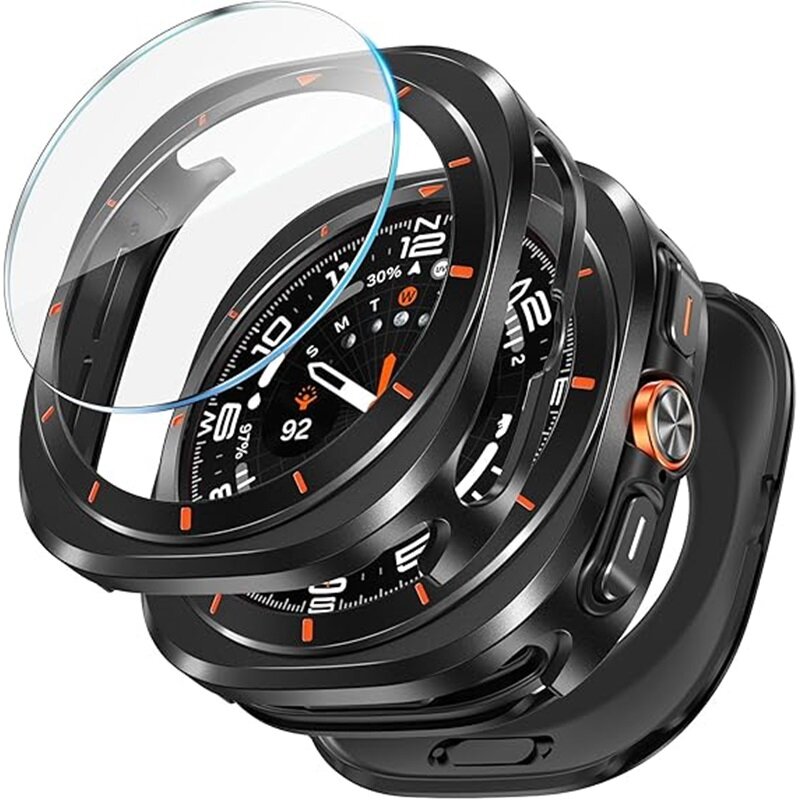 Металлический корпус для Samsung Galaxy Watch Ultra 47 мм с закаленным стеклом для Galaxy Watch 7 Ultra, металл,3D, чехол, черный, SKU00580