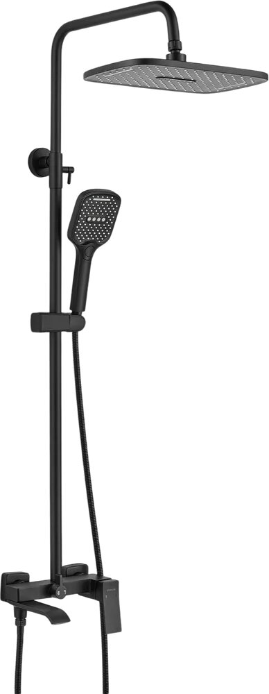 Душевая стойка Shevanik S4036H со смесителем, черная, матовая, с тропическим душем, с изливом, с лейкой, душевая система, латунная, рычаг сбоку