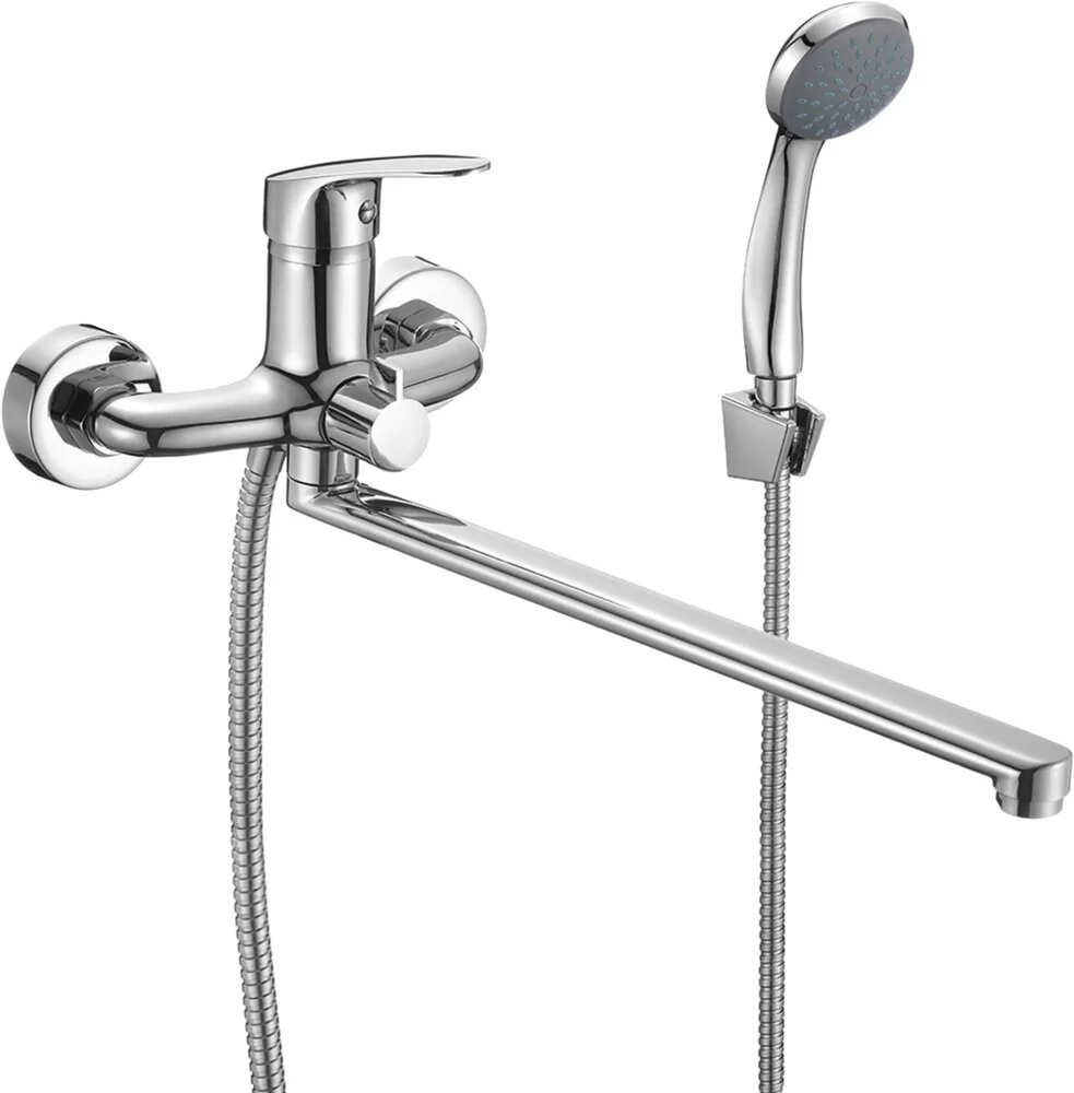 Смеситель с длинным изливом для ванны Milardo Simp SIMSB02M10 с душевым гарнитуром, поворотный, латунный, хром, глянцевый, смеситель для ванны с душем, рычажный, с настенным держателем