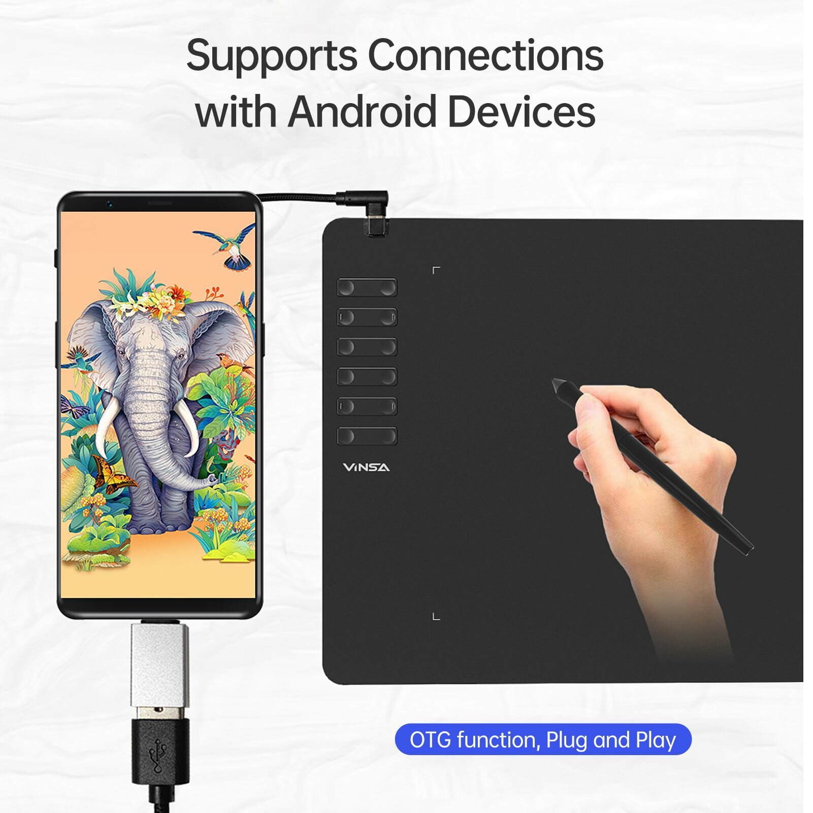 Графический планшет VINSA T1161: ультратонкий, стилус без батареи, 8 наконечников, 8192 уровня нажатия, 12 программируемых клавиш, совместим с Win/Android, 11.8"x7.4"