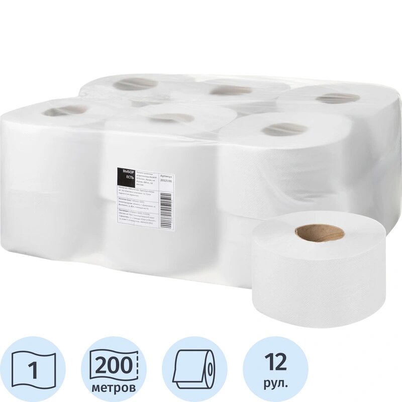 Бумага туалетная д/дисп Выбор Есть 1сл белая втор втул 200м 12рул/уп