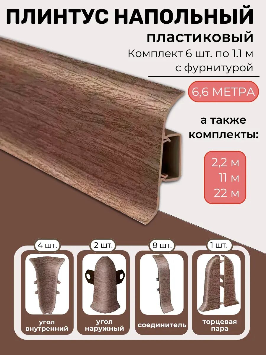 Плинтус напольный пластиковый с кабель-каналом и фурнитурой 6.6м, орех миланский