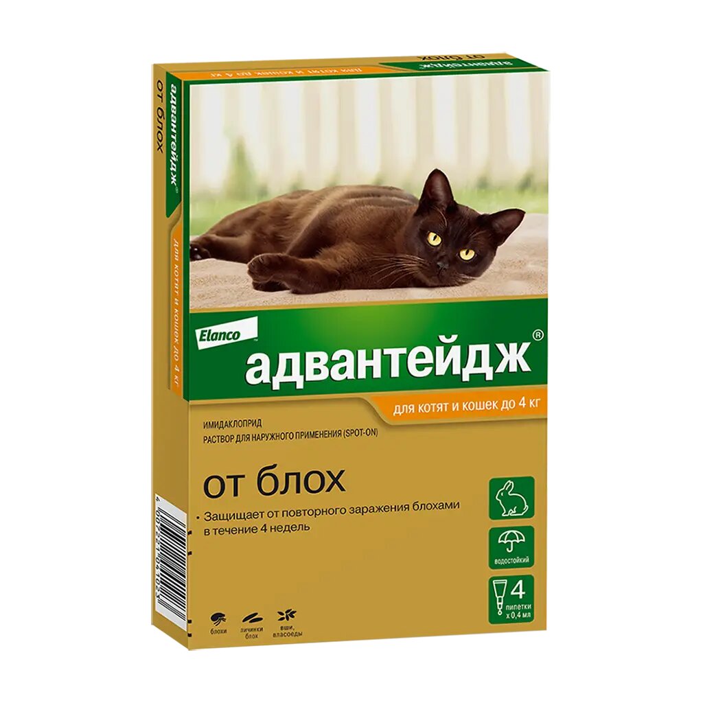 Адвантейдж Капли на холку от блох для котят и кошек до 4 кг пипетка по 0,4 мл 4 шт