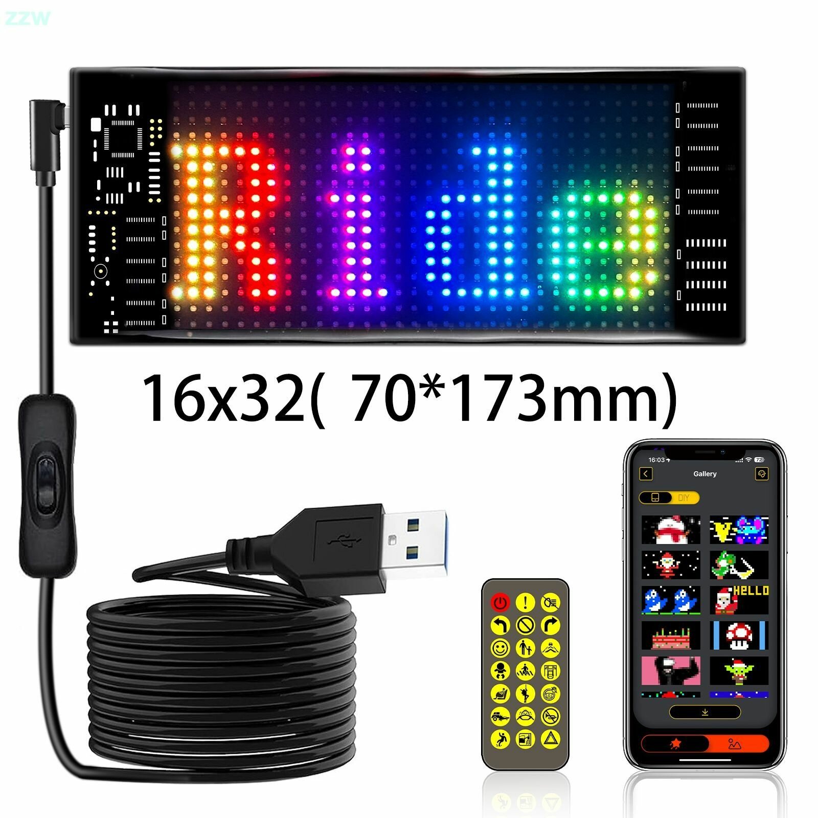 Гибкая Бегущая строка разноцветная (RGB SMD) светодиодный led экран, 70*173 мм информационное электронное табло, автознак на стекло, табличка в машину