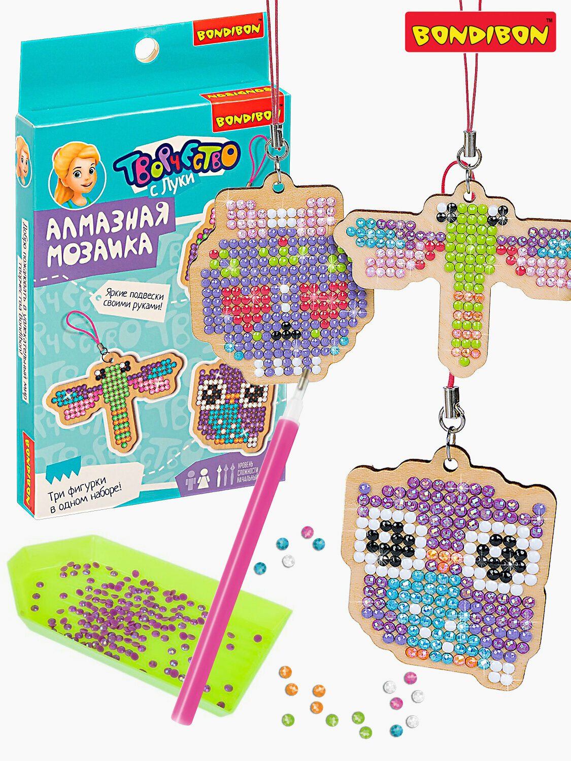 Мозаика алмазная "сова, стрекоза, череп" набор брелоков на деревянной основе Творчество c Луки Bondibon