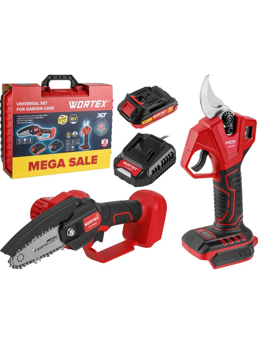Пила цепная аккумуляторная WORTEX LX CEC 2518-1 XLT и Секатор аккумуляторный CBS 2030 ALL1 XLT SET (1329851)
