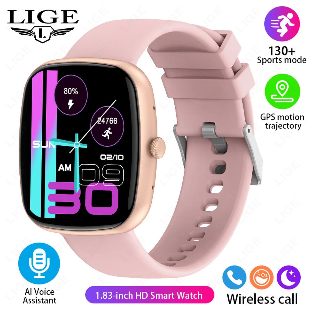 Умные часы LIGE BW0742 с Bluetooth, водонепроницаемые, с мониторингом сна и уведомлениями, Розовый