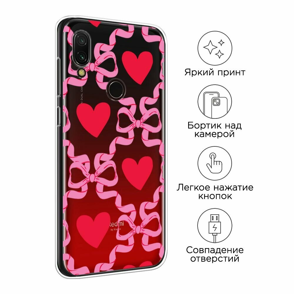 Чехол на Xiaomi Redmi 7 / Сяоми Редми 7 с принтом "Hearts and ribbons 2 - 14 февраля", прозрачный — фото 1