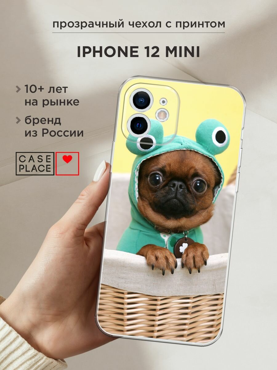 Чехол на Apple iPhone 12 mini / Айфон 12 Мини с принтом "Собачка в шапке лягушки"
