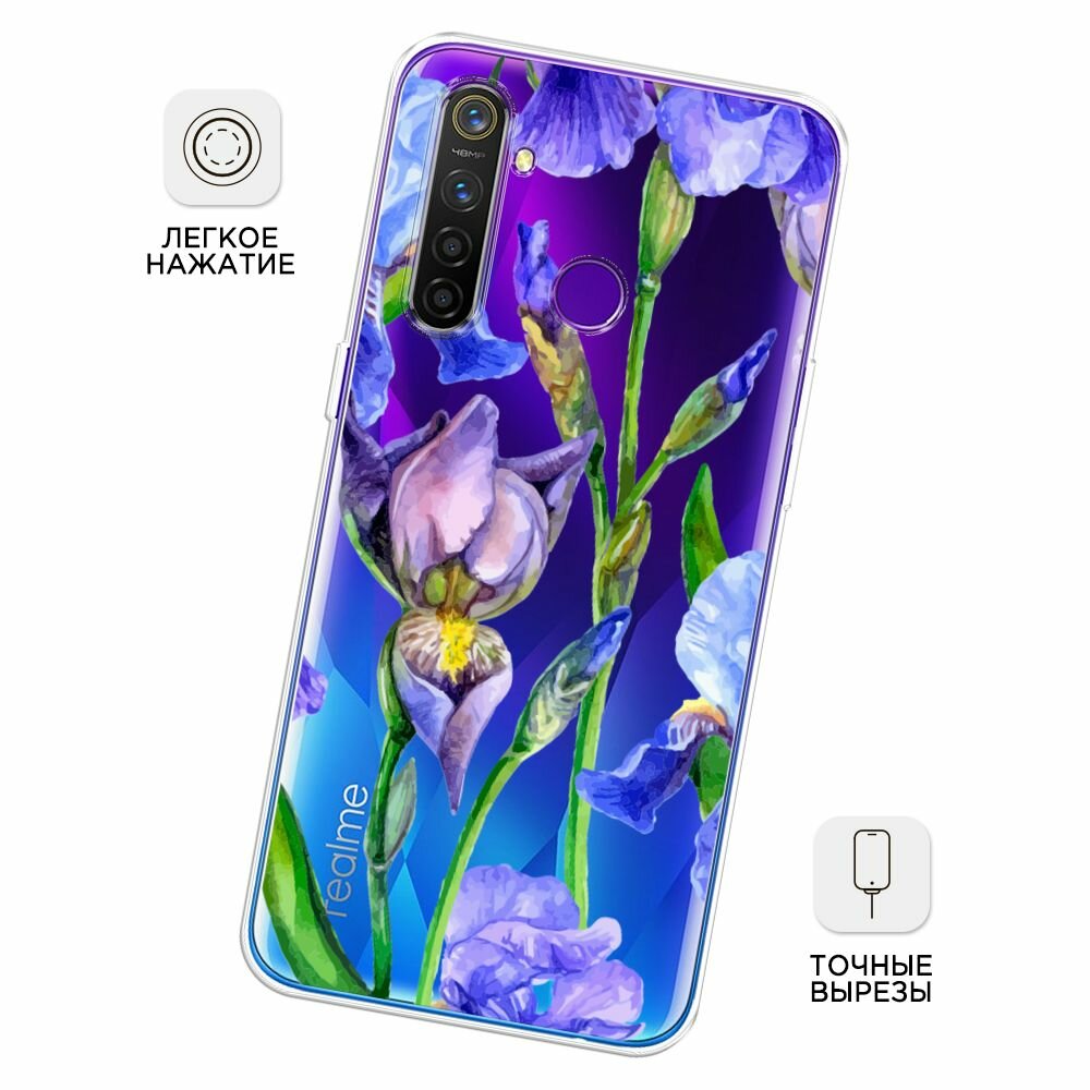 Чехол на Realme 5 Pro / Реалми 5 Про с принтом "Синие ирисы", прозрачный — фото 1