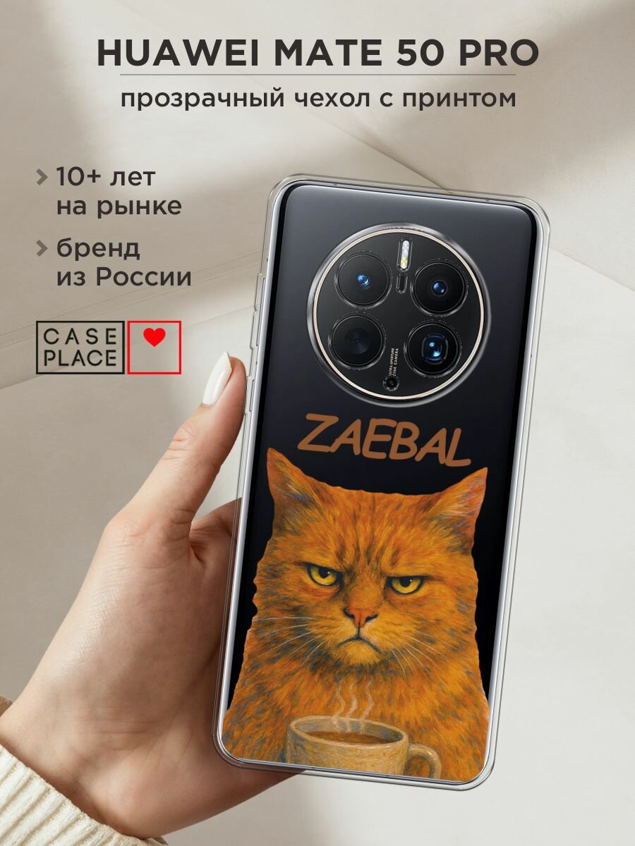 Чехол на Huawei Mate 50 Pro / Хуавей Мате 50 Про с принтом "Рыжий кот с надписью", прозрачный