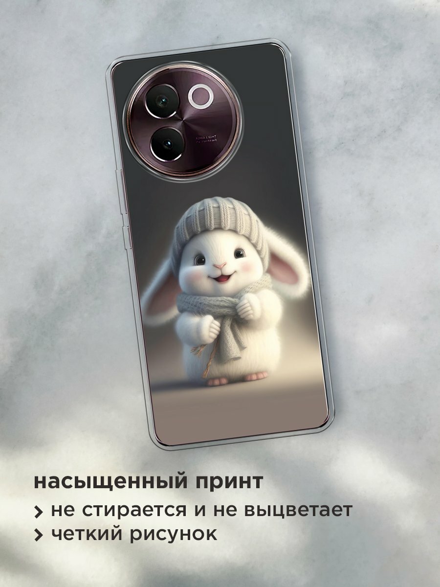 Чехол на Vivo V30e / Виво В30е с принтом "Белый крольчонок в шапке" — фото 1