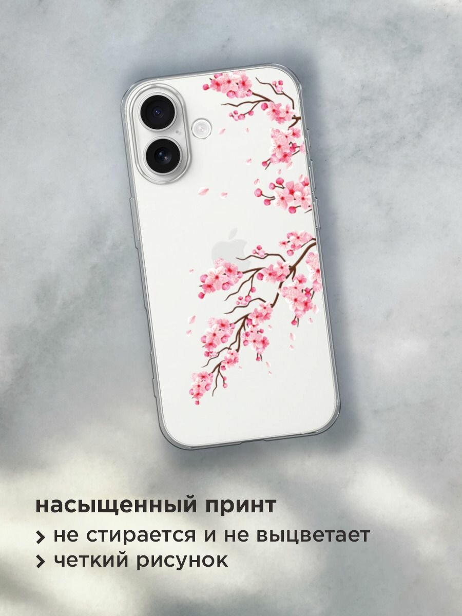Чехол на Apple iPhone 17 / Айфон 17 с принтом "Цветущая ветка сакуры рисунок", прозрачный — фото 1