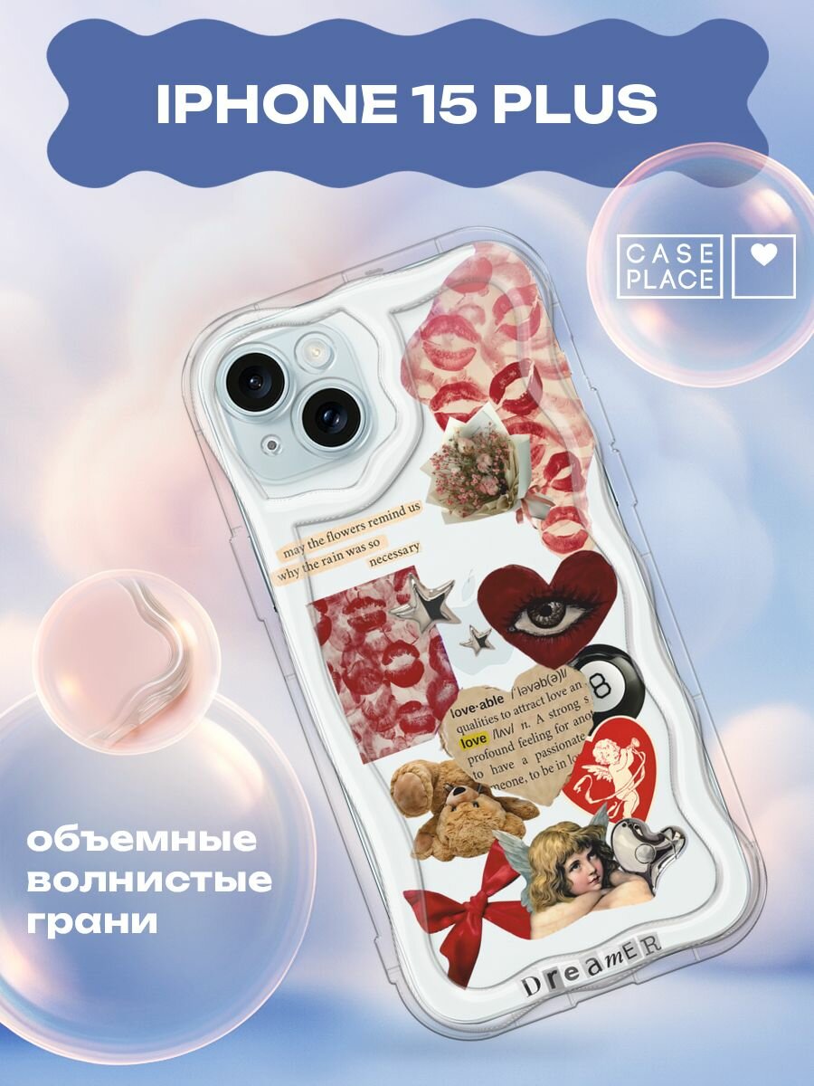 Чехол на Apple iPhone 15 Plus / Айфон 15 Плюс с принтом "Поцелуи и сердца"
