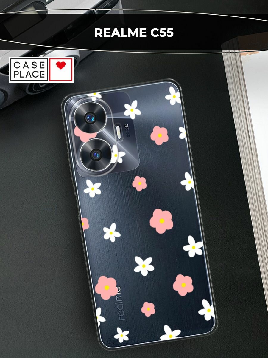 Чехол на Realme C55 / Реалми C55 с принтом "Розовые и белые цветы", прозрачный