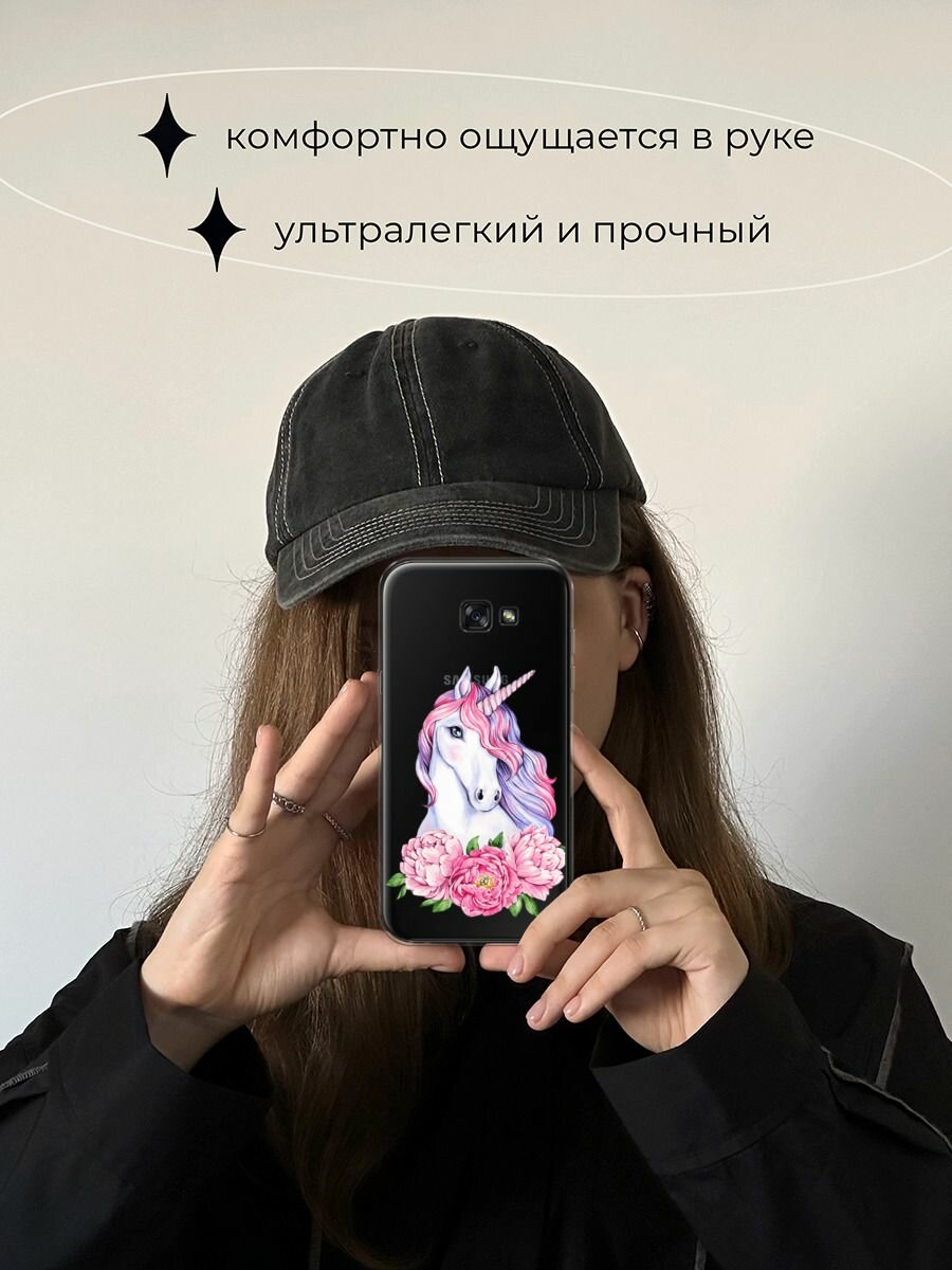 Чехол на Samsung Galaxy A7 2017 / Самсунг Галакси А7 2017 с принтом "Единорог с пионами", прозрачный — фото 1