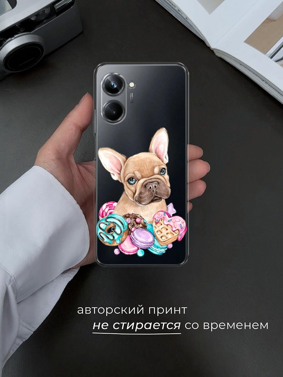 Чехол на Realme 10 Pro / Реалми 10 Про с принтом "Бульдог и сладости", прозрачный — фото 1