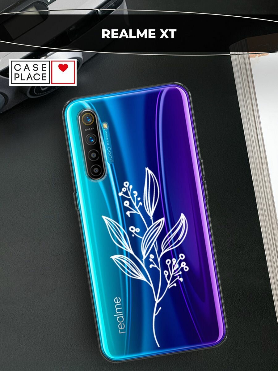 Чехол на Realme XT / Реалми XT с принтом "Ветка с листочками и цветами", прозрачный