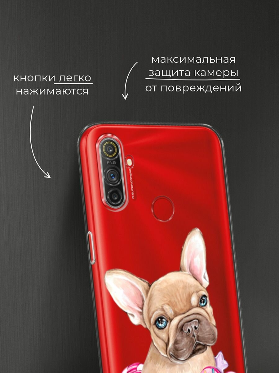 Чехол на Realme C3 / Реалми C3 с принтом "Бульдог и сладости", прозрачный — фото 1