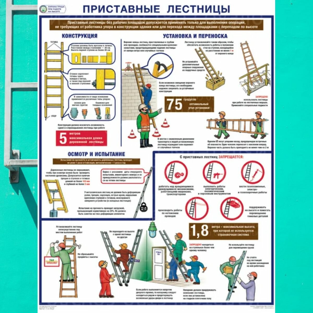 Охрана труда при работе на высоте. Приставные лестницы. Плакат